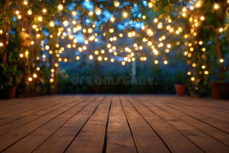 A Wooden Deck with String Lights in the Background, Great for Night ...