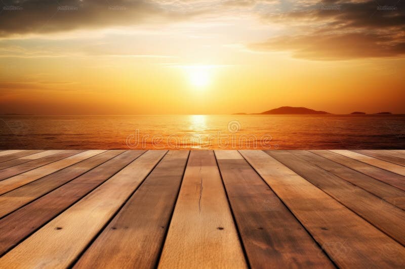 A Wooden Deck with the Sun Setting Over the Water Stock Illustration ...