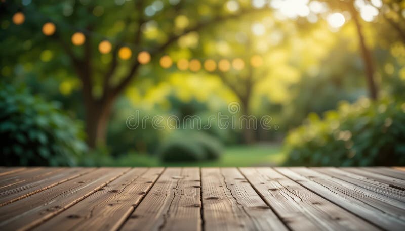 Wooden Deck in a Sunny Garden with String Lights Stock Illustration ...