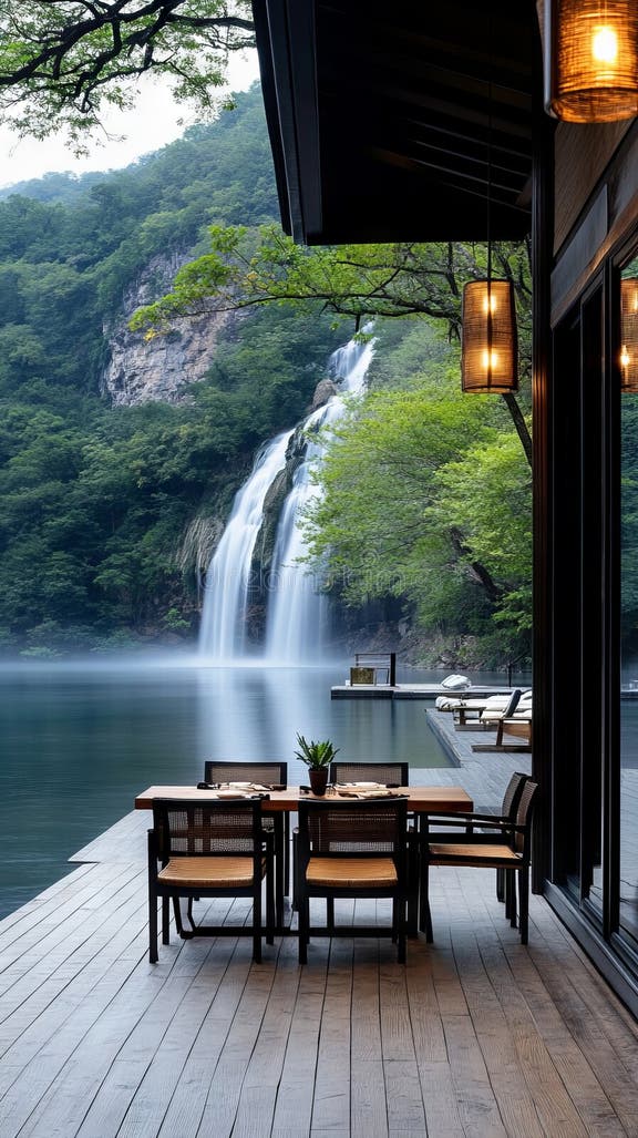 A Wooden Deck with a Table and Chairs in Front of a Waterfall Stock ...