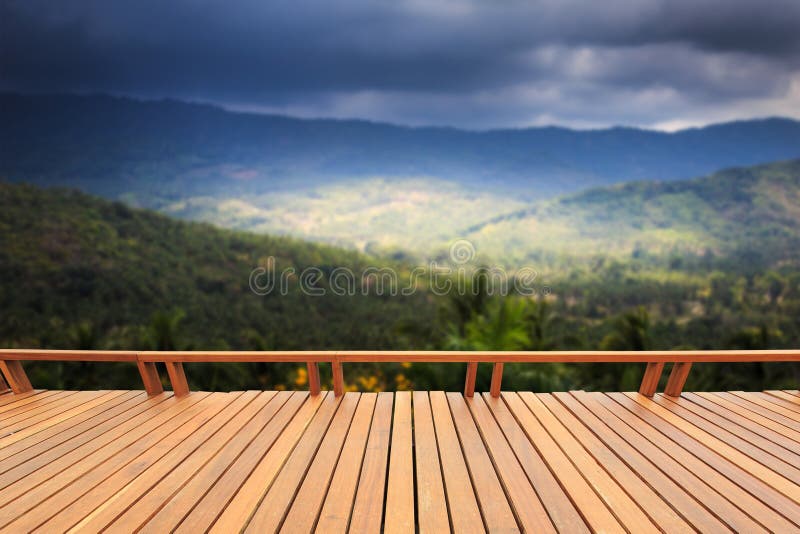 Wooden Decking or Flooring and View of Mountain Stock Photo - Image of ...