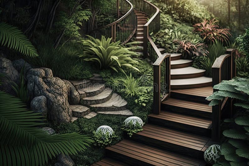 Wooden Decking and Natural Stone Steps Amidst Lush Greenery Stock ...