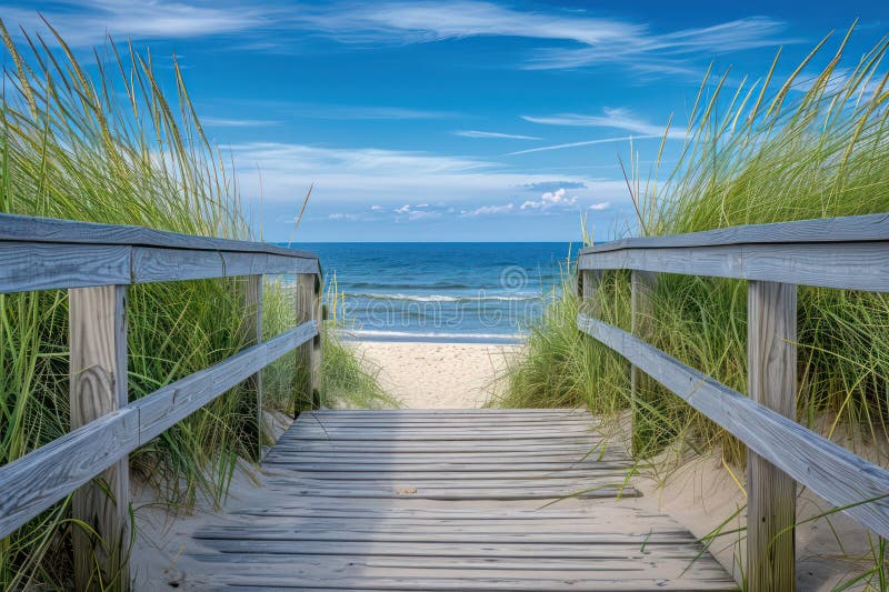 Wooden Decking Walking Path To Sea, Sandy Beach. Generative AI Stock ...