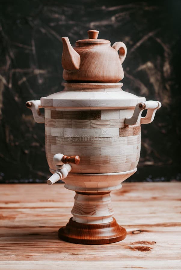 Wooden Decorative Samovar on a Wooden Table, Rustic Style Stock Photo ...