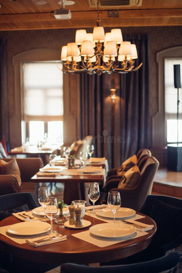 Wooden Design in Classic Restaurant with Glasses on Table Stock Image ...