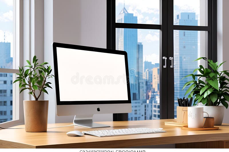 Wooden Designer Desktop with Computer and Coffee Cup Stock Illustration ...