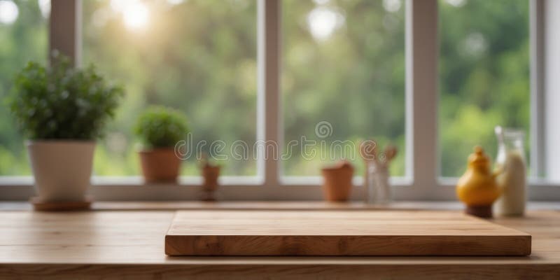 Wooden Desk on Blurred Kitchen Window for Item Showcase. Stock Image ...