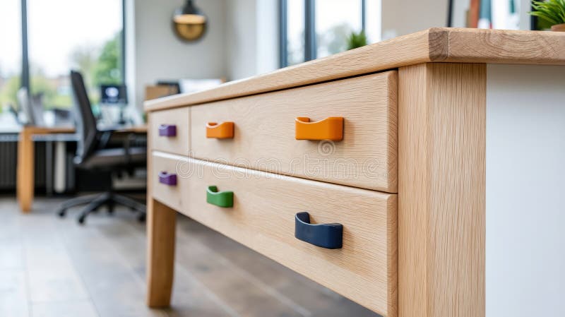 A Wooden Desk with Colorful Drawers in an Office Setting Stock Image ...