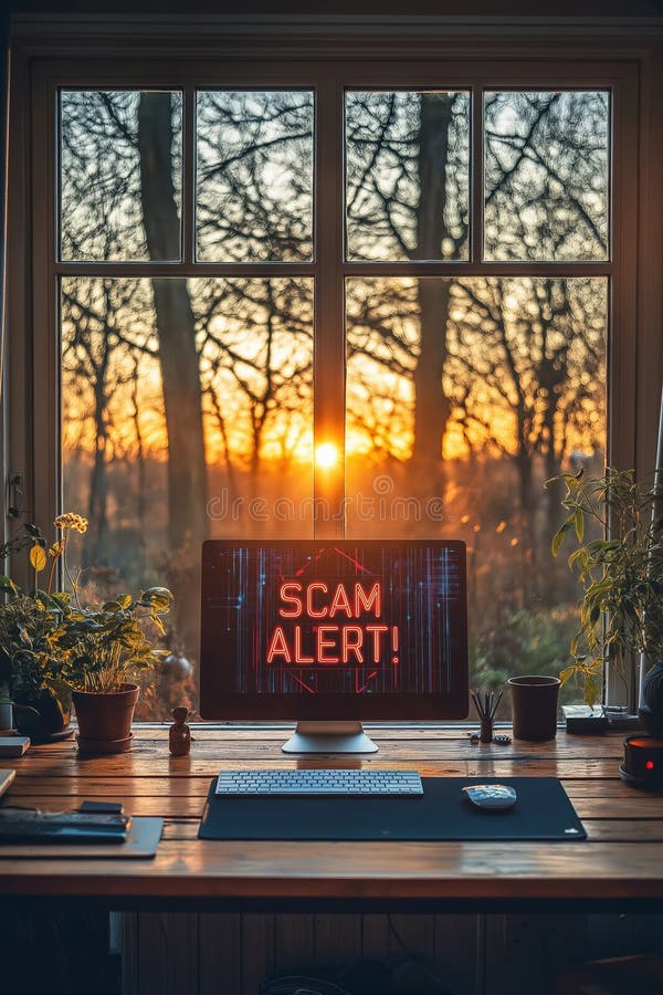 Computer Desk with Scam Alert at Sunset View through the Window Stock ...