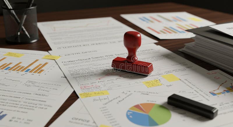 A Wooden Desk is Covered with Various Documents, Charts, and Graphs ...