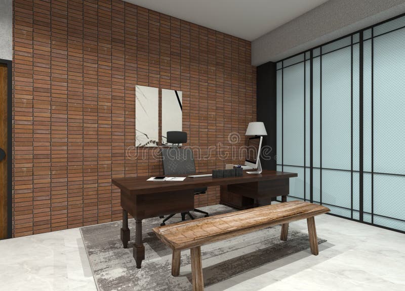 Wooden Desk Design with Wooden Bench and Wall Brick Panel Decoration ...