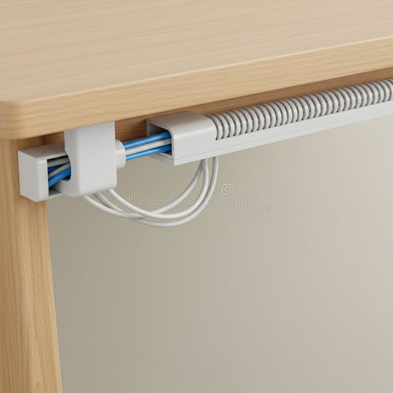 Wooden Desk Edge with a Cable Management System Attached Underneath ...