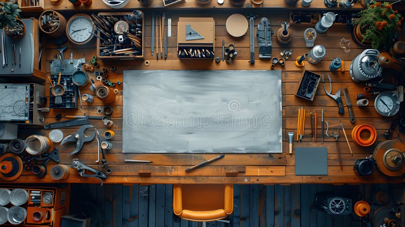 A Wooden Desk Filled with Lots of Tools and a White Board Stock Photo ...