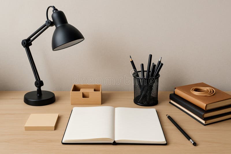 Minimalist Desk Setup with Lamp, Notebooks, and Open Journal Stock ...