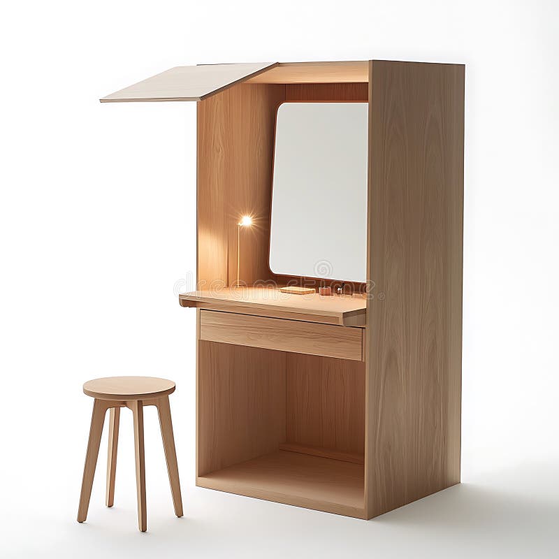 A Wooden Desk with a Mirror and a Stool Stock Photo - Image of light ...