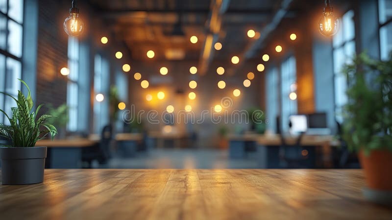 Wooden Desk, Modern Office, Lights, Plants, Blurred Background Stock ...