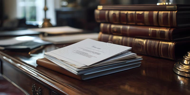 Wooden Desk with Papers, Books, and Pen Stock Illustration ...