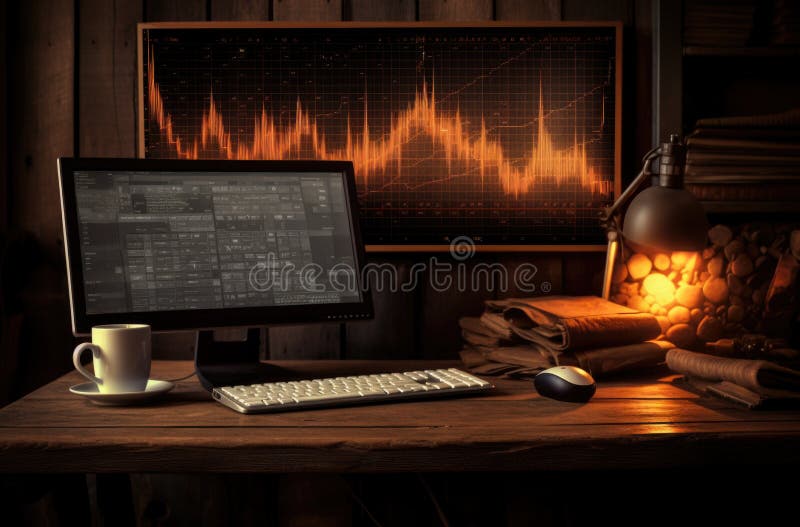 A Wooden Desk that Features a Computer Along with a Cup of Coffee on it ...