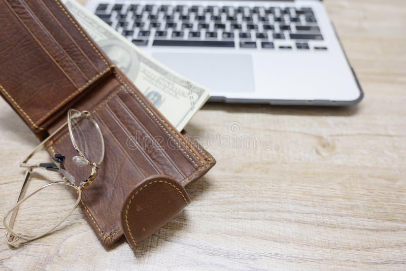 Top View, Wallet with Dollar and Computer Stock Image - Image of ...