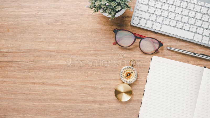 Wooden Desk Workplace with Keyboard Computer, Eyeglass, Pen and ...