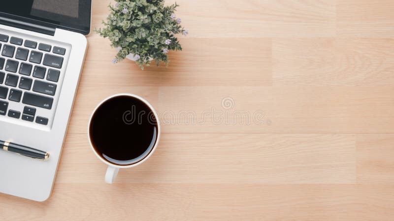 Wooden Desk Workplace with Laptop Computer and Cup of Coffee Stock ...