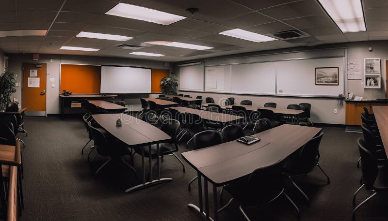 Wooden Desks in a Row Inside a Classroom for Learning Generated by AI ...