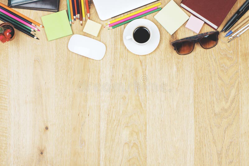 Wooden desktop with items stock photo. Image of mockup - 109589184
