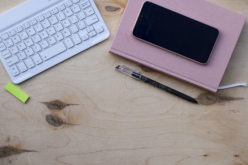 Wooden Desktop with Keyboard, Diary and Pen, Glasses for the Computer ...
