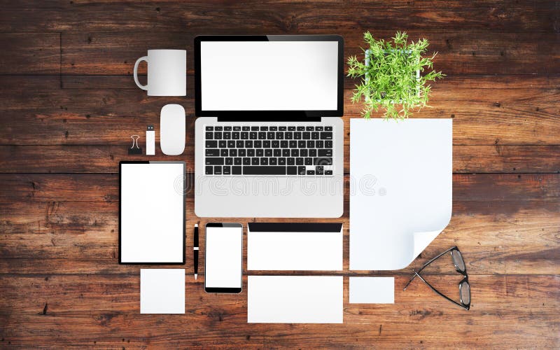 Wooden Desktop Devices Online Landing Page Responsive Design Stock ...