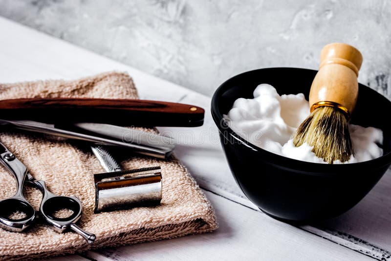 Wooden Desktop with Tools for Shaving Beards Stock Photo - Image of ...