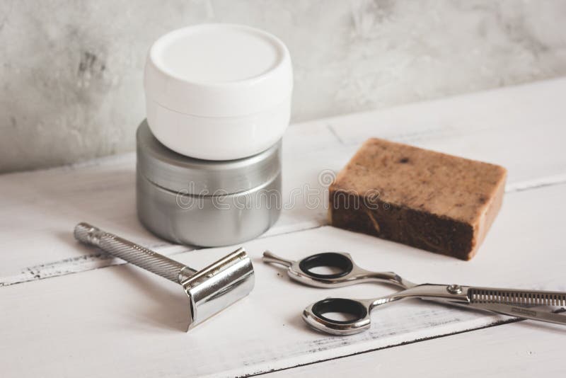 Wooden Desktop with Tools for Shaving Beards Stock Image - Image of ...