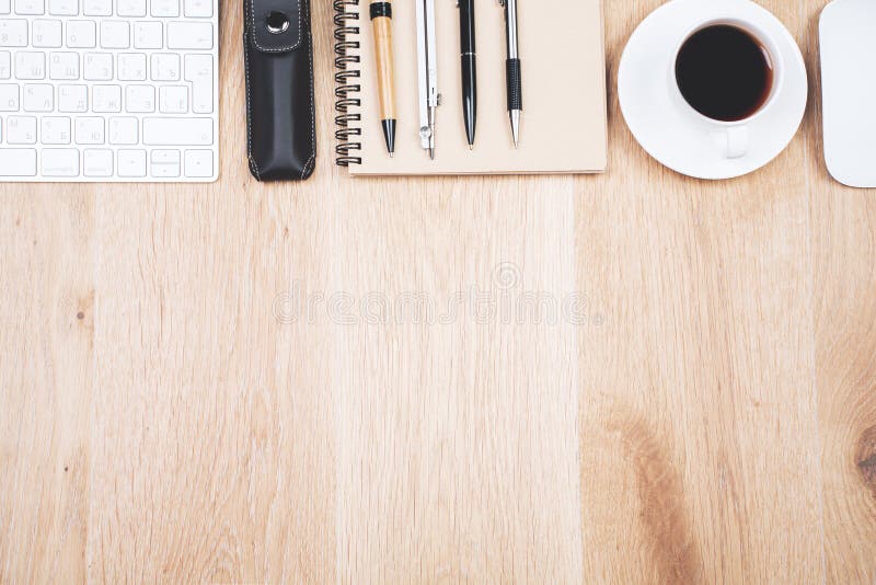 Wooden Desktop with Various Items Stock Photo - Image of keyboard ...