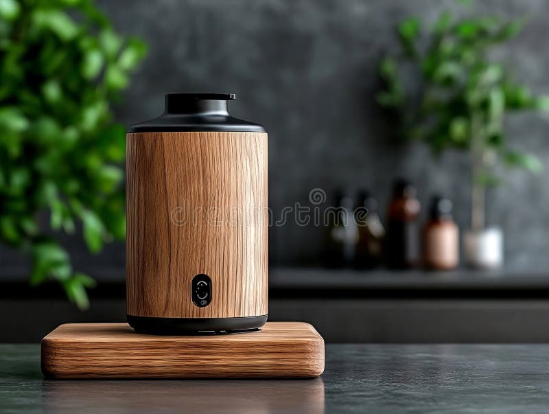 A Wooden Diffuser Sitting on Top of a Table Next To a Plant Stock Photo ...