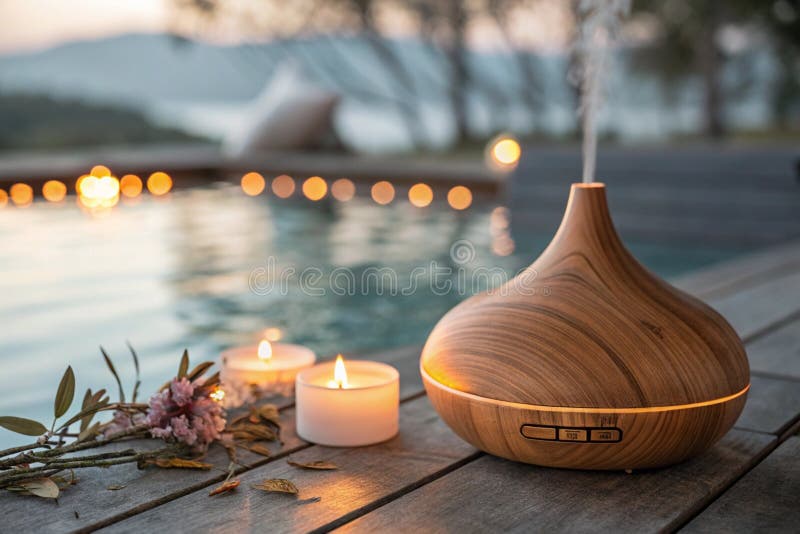 Wooden Diffuser with Warm Lighting and Blurred Water Background ...