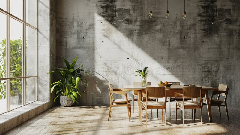 Wooden Dining Table on the Background of a Concrete Wall and Window ...