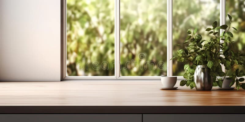Wooden Dining Table with Plant on Vas and Mug Coffee in Kitchen Room ...