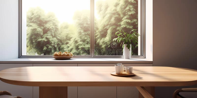 Wooden Dining Table Blurred Window Copy Space Background Stock ...