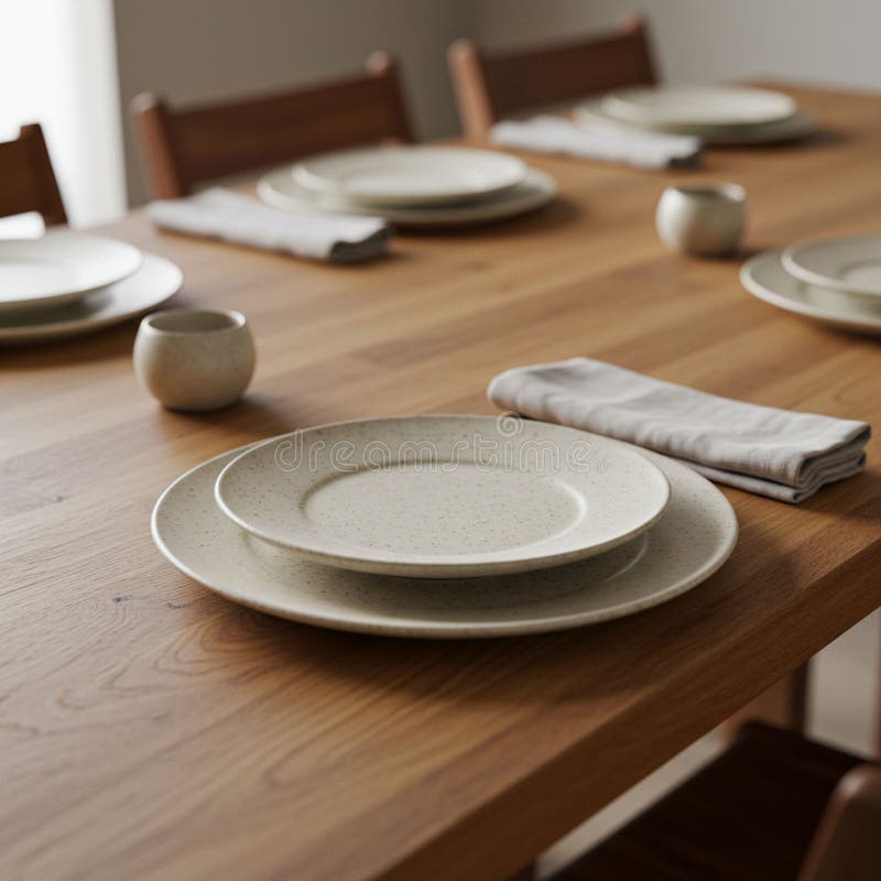 Wooden Dining Table Set with Simple Ceramic Plates, Stacked with a ...