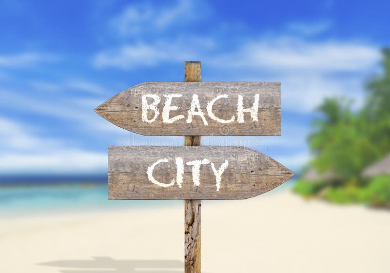 Wooden Direction Sign Beach or City Stock Photo - Image of information ...
