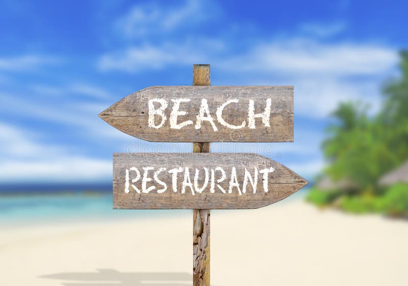 Wooden Direction Sign Beach or Restaurant Stock Image - Image of right ...