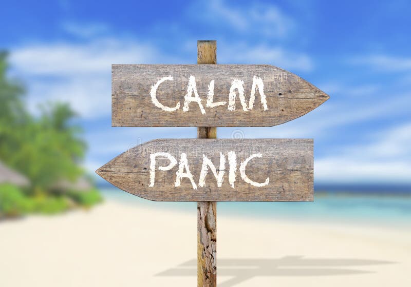 Wooden Direction Sign with Calm and Panic Stock Image - Image of empty ...