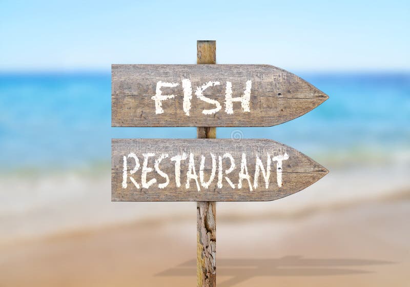Wooden Direction Sign with Fish Restaurant Stock Photo - Image of left ...