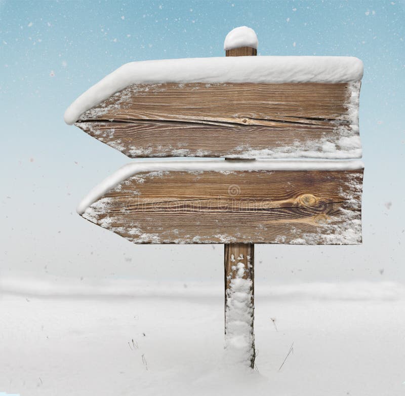 Wooden Direction Sign with Snow and Snowfall Bg. Two_arrows-one ...