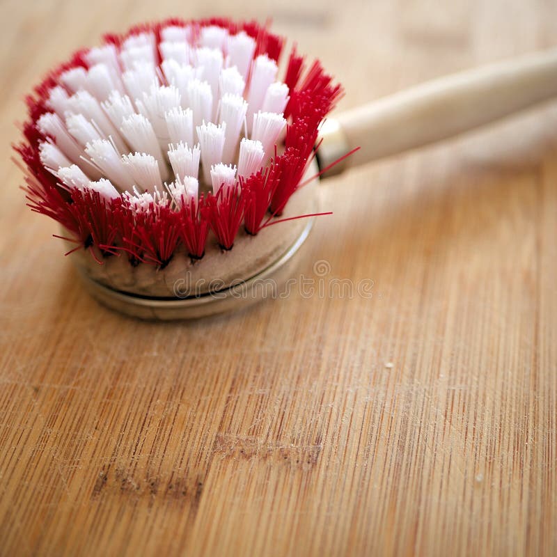 Wooden Dish Cleaning Brush on Wood Grain Table. Stock Image - Image of ...