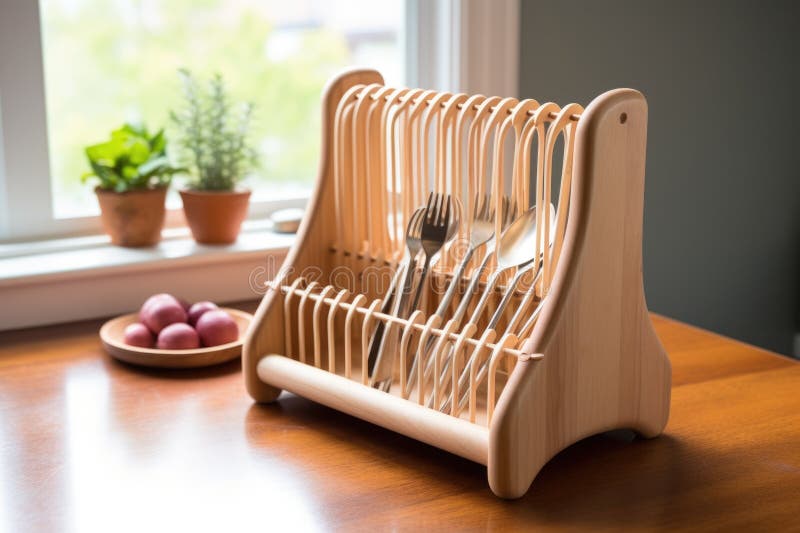 Wooden Dish Drying Rack with Eco-friendly Utensils Stock Photo - Image ...