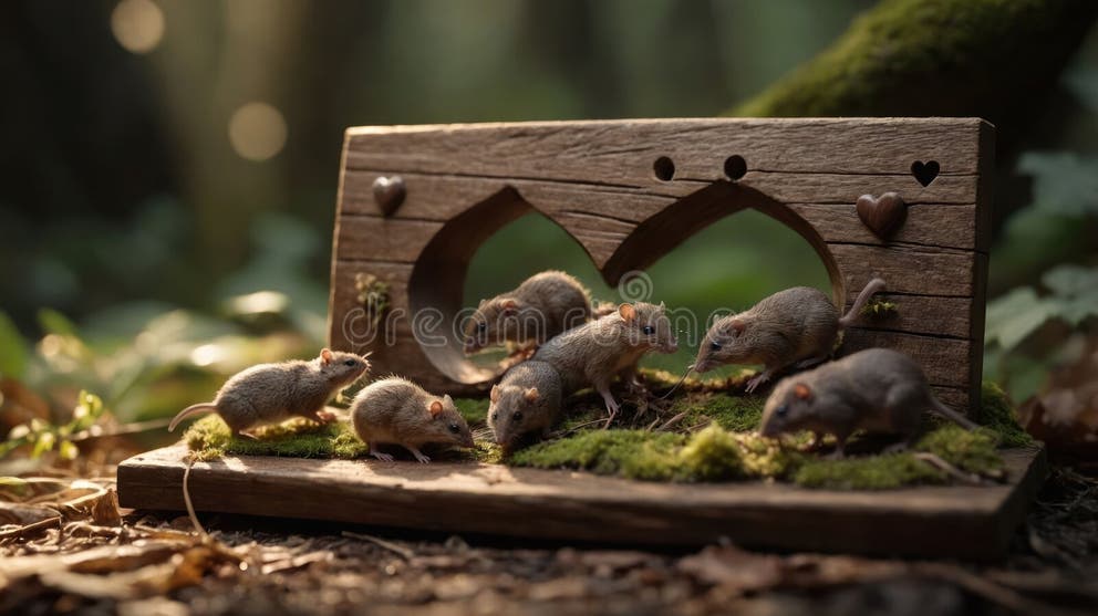 Adorable Group of Mice in Rustic Wooden House, Forest Setting Stock ...