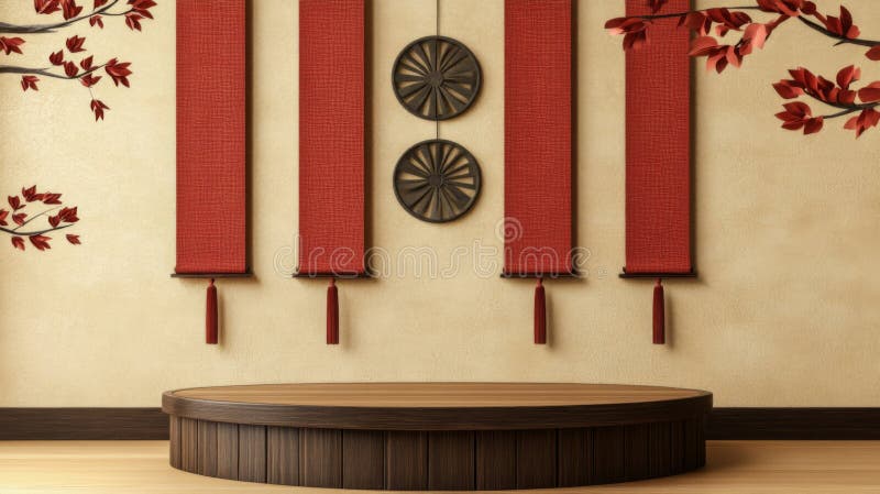 Wooden Display Platform with Red Panels and Autumn Branches Stock ...