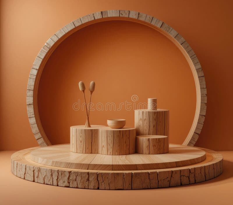 Wooden Display Platform with Rustic Circle Backdrop for Product ...