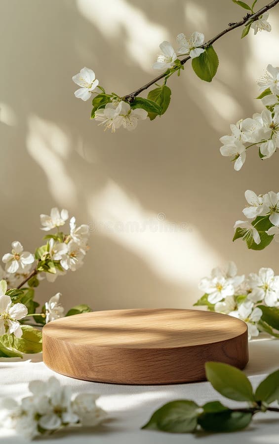 Wooden Display Stand with Spring Blossoms Elegant Product Presentation ...