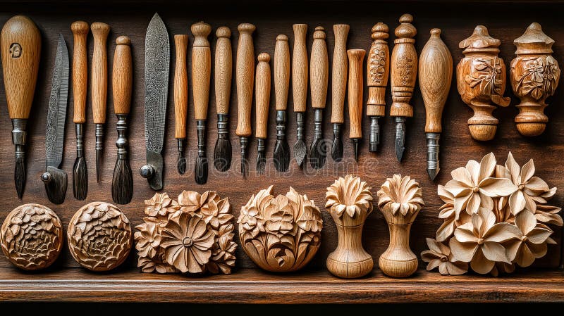 Wooden Display of Various Tools and Objects, Including a Vase and a ...